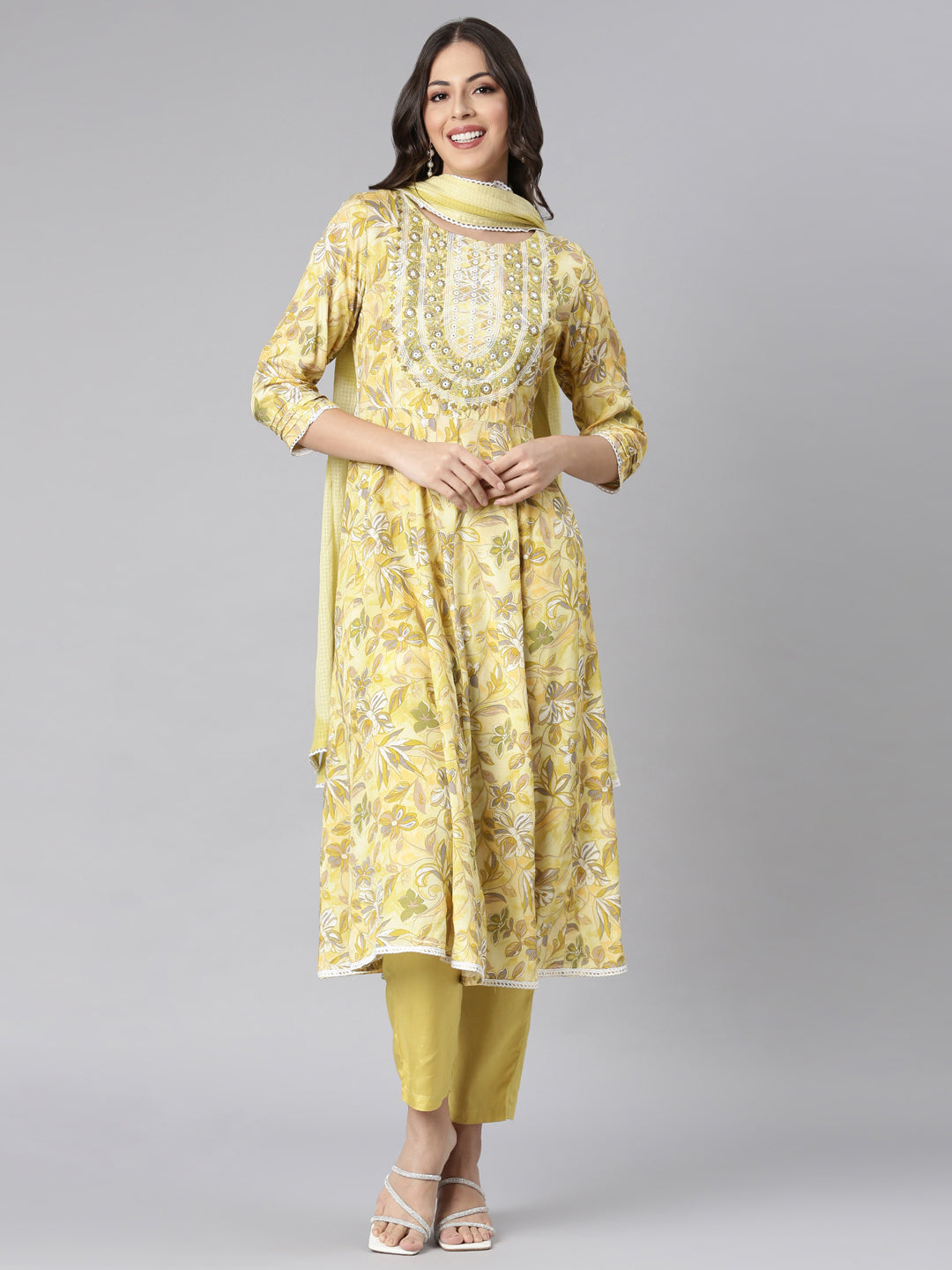 Neerus Yellow Printed Anarkali Kurta and Trousers With Dupatta – neerus ...