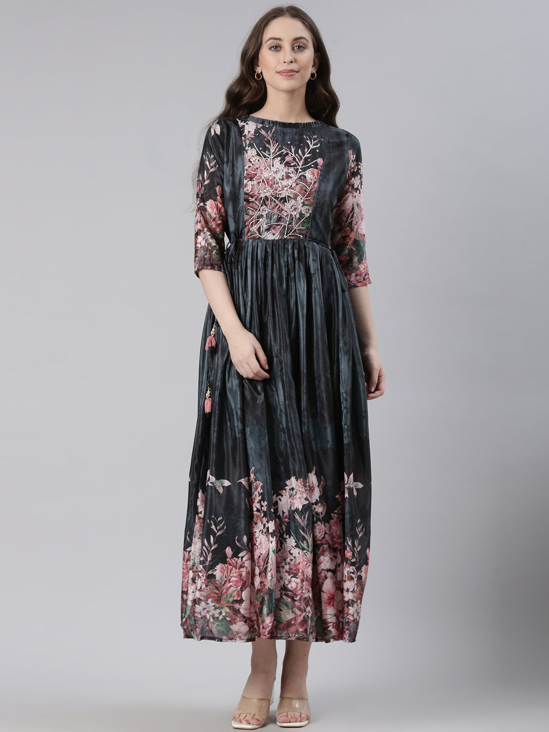 Neerus Grey Casual Floral Maxi Dresses – Neerus India