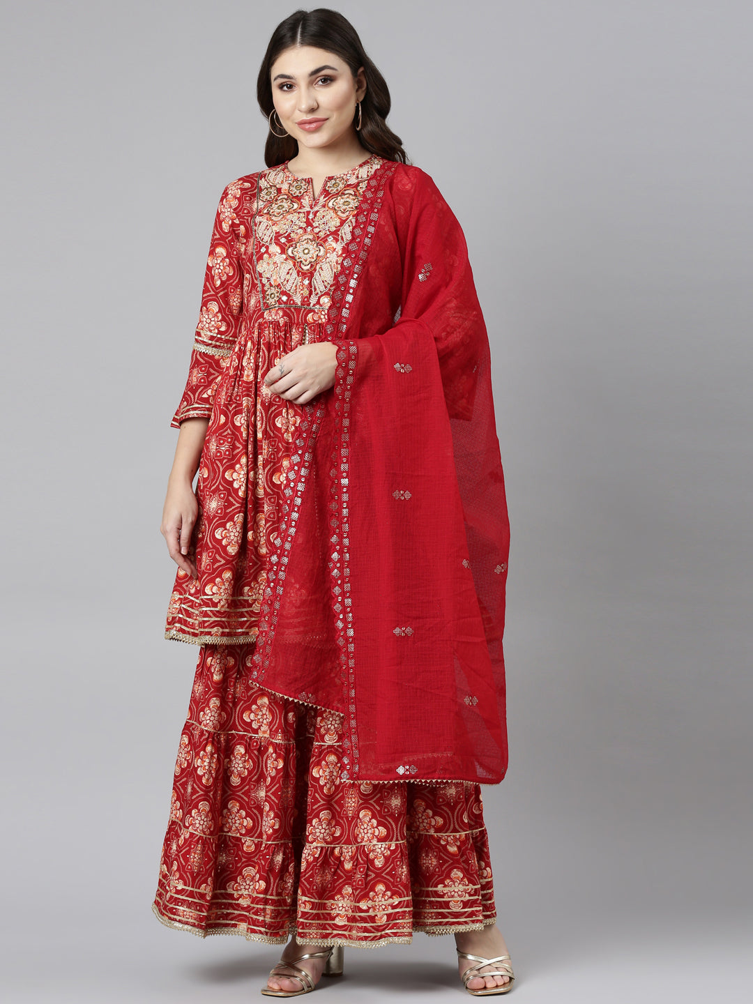 Neeru's Red Regular Straight Printed Kurta And Sharara With Dupatta ...