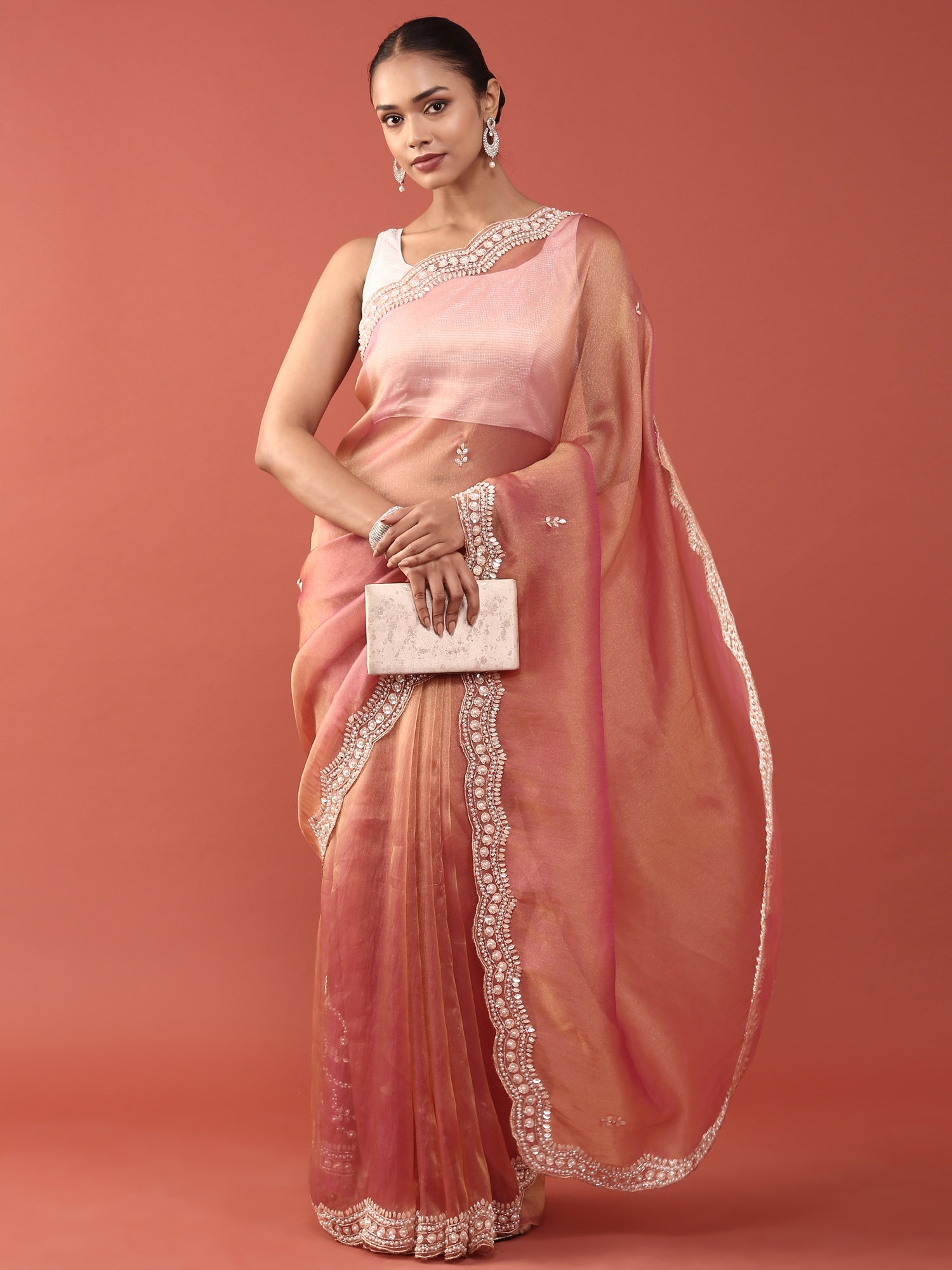 Pink Organza Stone And Thread Embroidery Saree – Neerus India