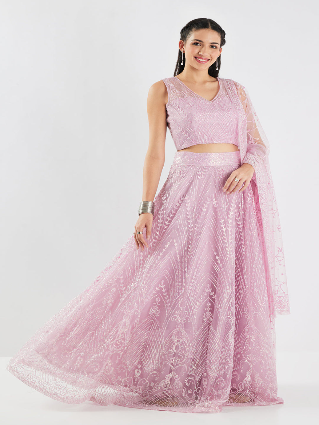 Neerus Baby Pink Sequence and Embroidered Work Net Fabric Ghagra Set ...