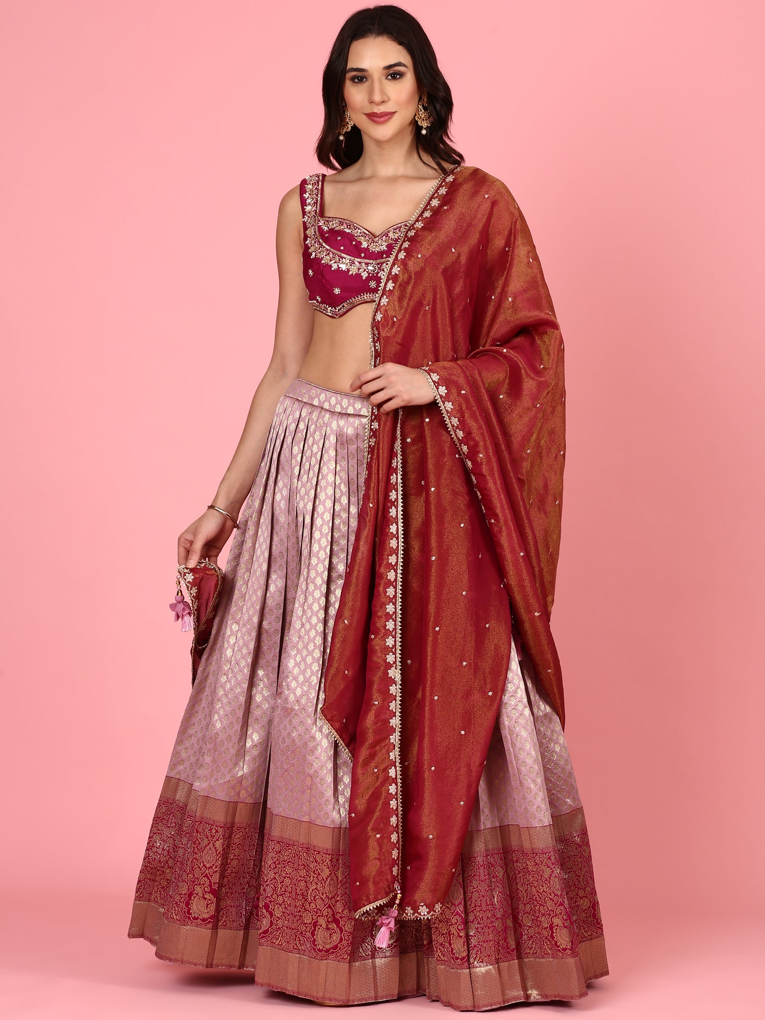 Magenta silk embroidered Three piece ghagra set – Neerus India