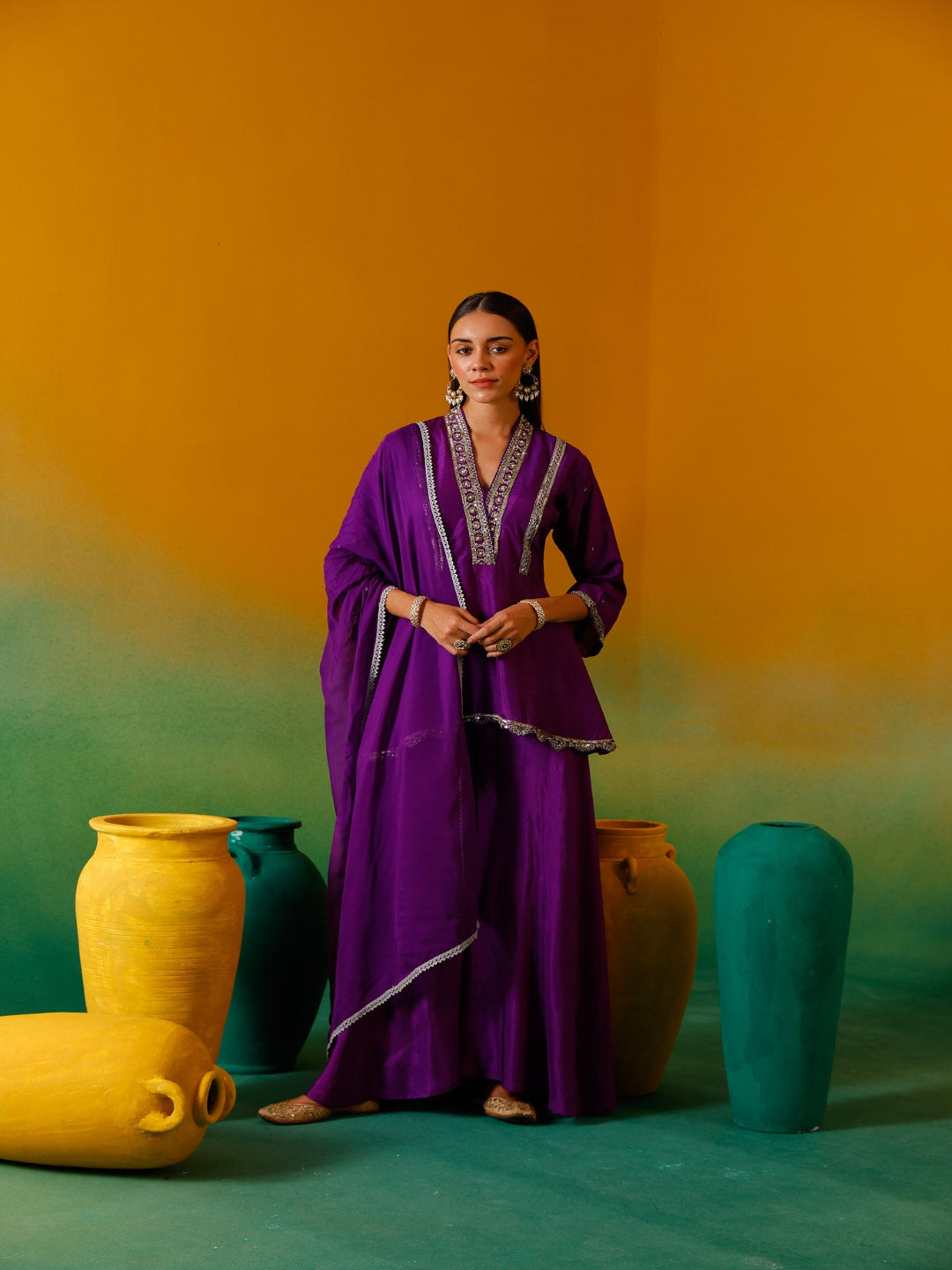 Neerus Purple Embroidery Silk fabric Kurti and plazzo with Dupatta ...