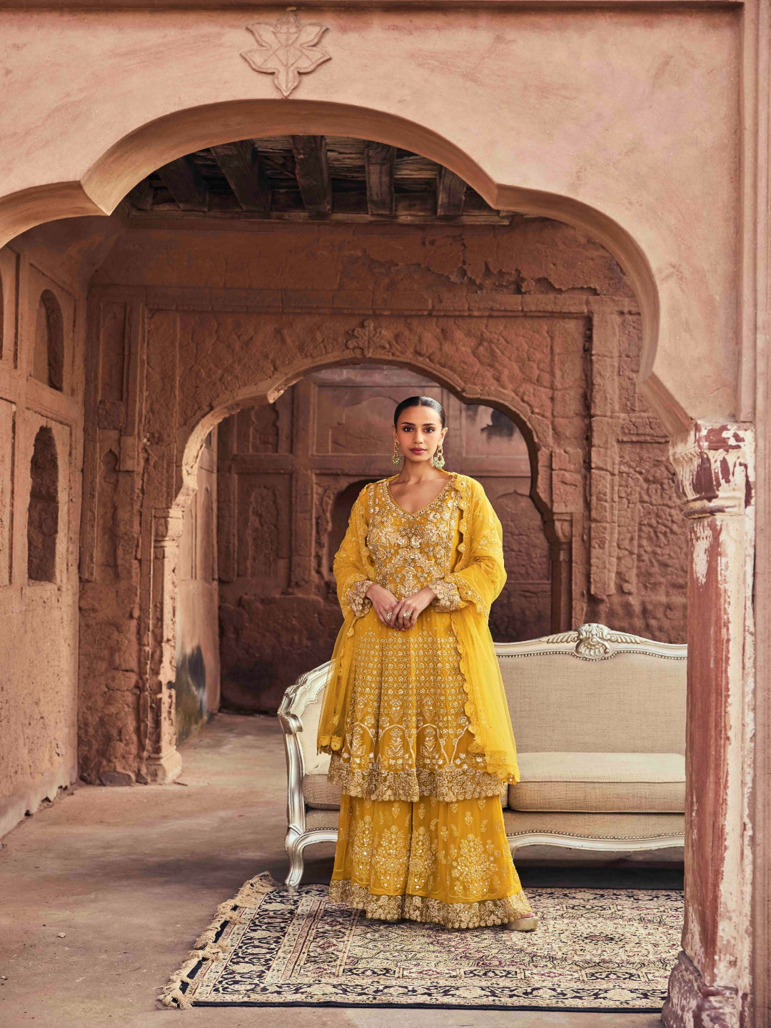 Neerus Yellow Ethnic Embroidered Georgette Straight Suit Set - Kurta ...