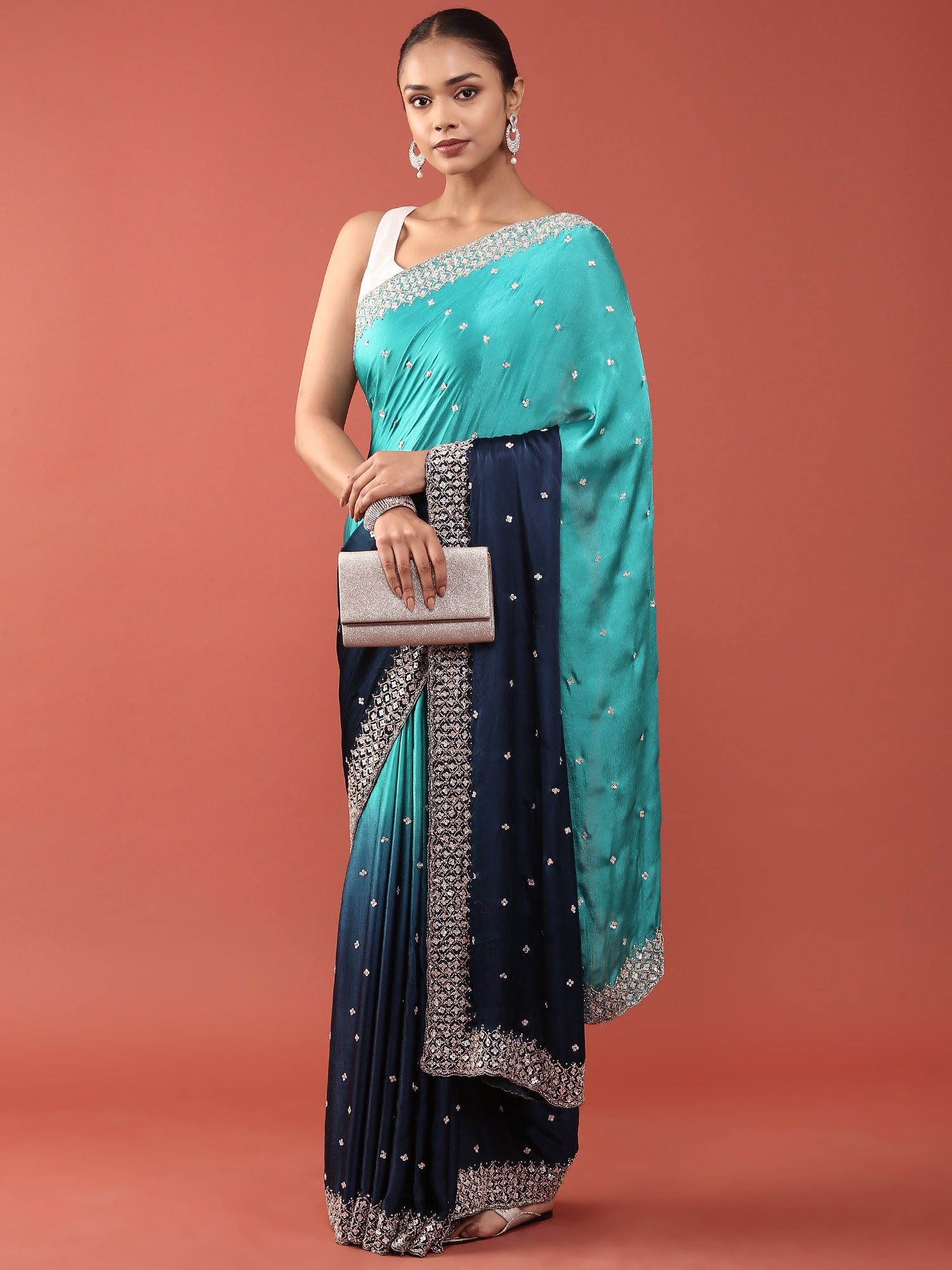 Navy Blue Satin Stone And Thread Embroidery Saree – Neerus India