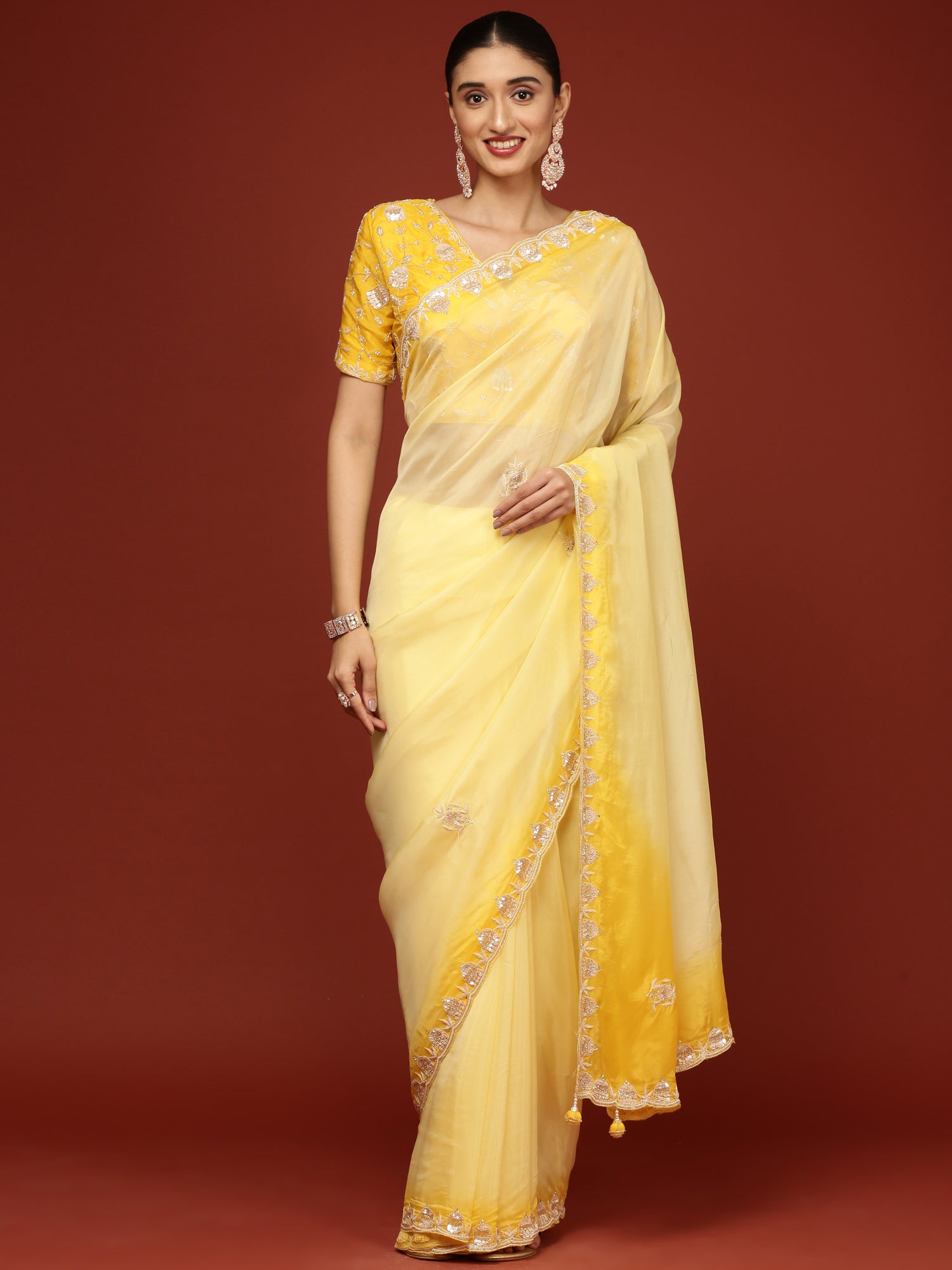 Lemon Silk Saree With Stone Work Readymade Blouse – Neerus India