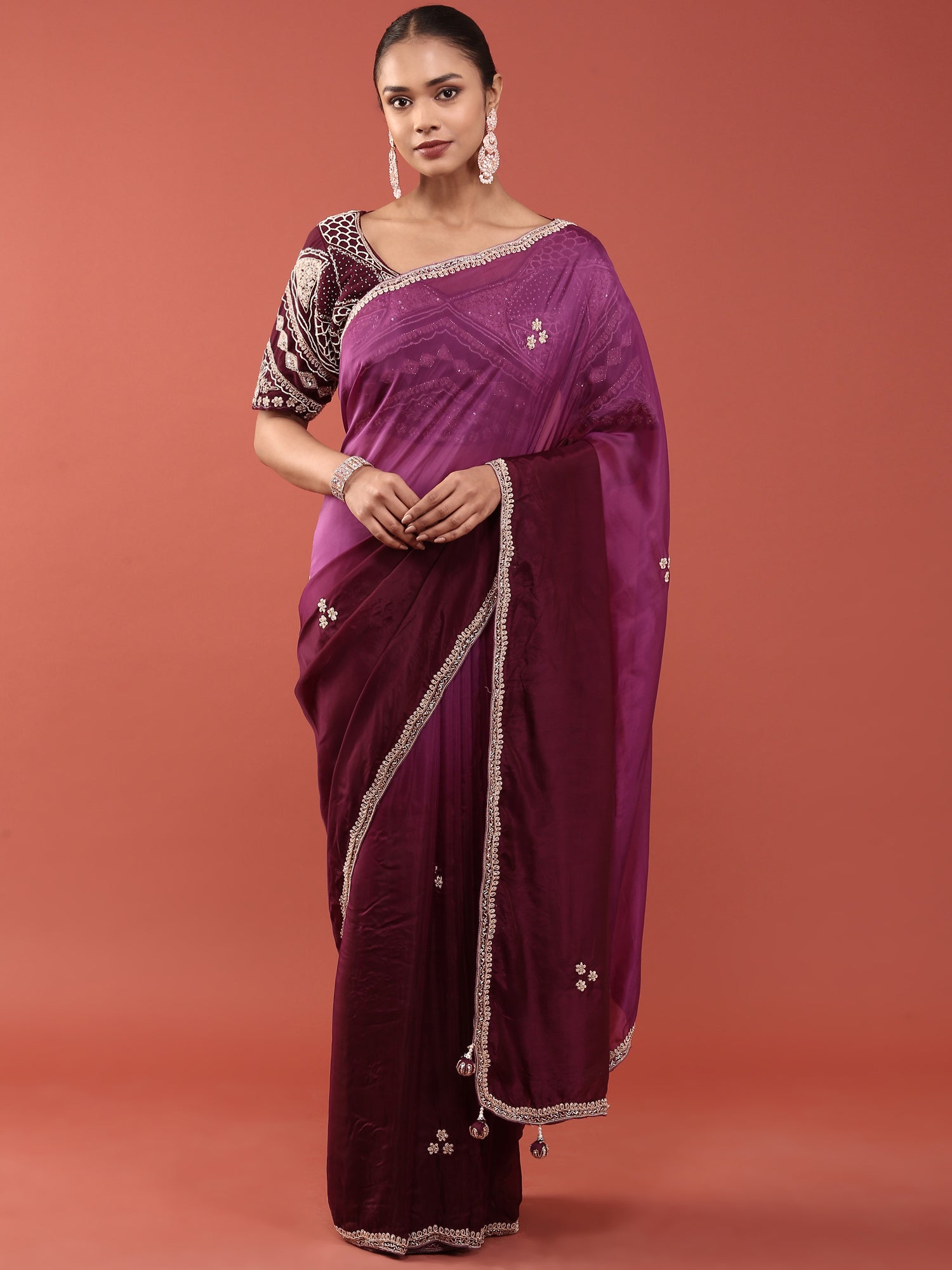 Purple Crepe Embroidery Saree With Readymade Blouse – Neerus India