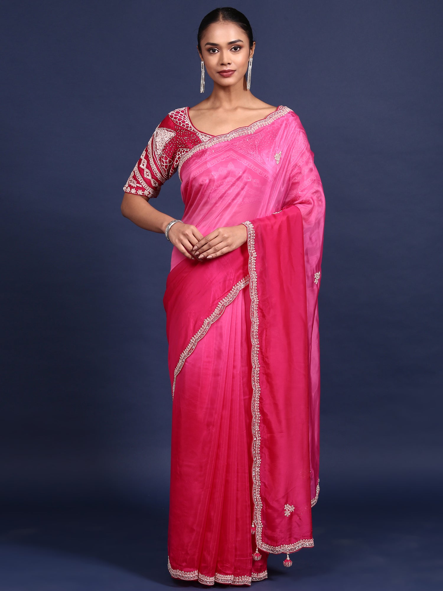 Rani Pink Crepe Embroidery Saree With Readymade Blouse – Neerus India