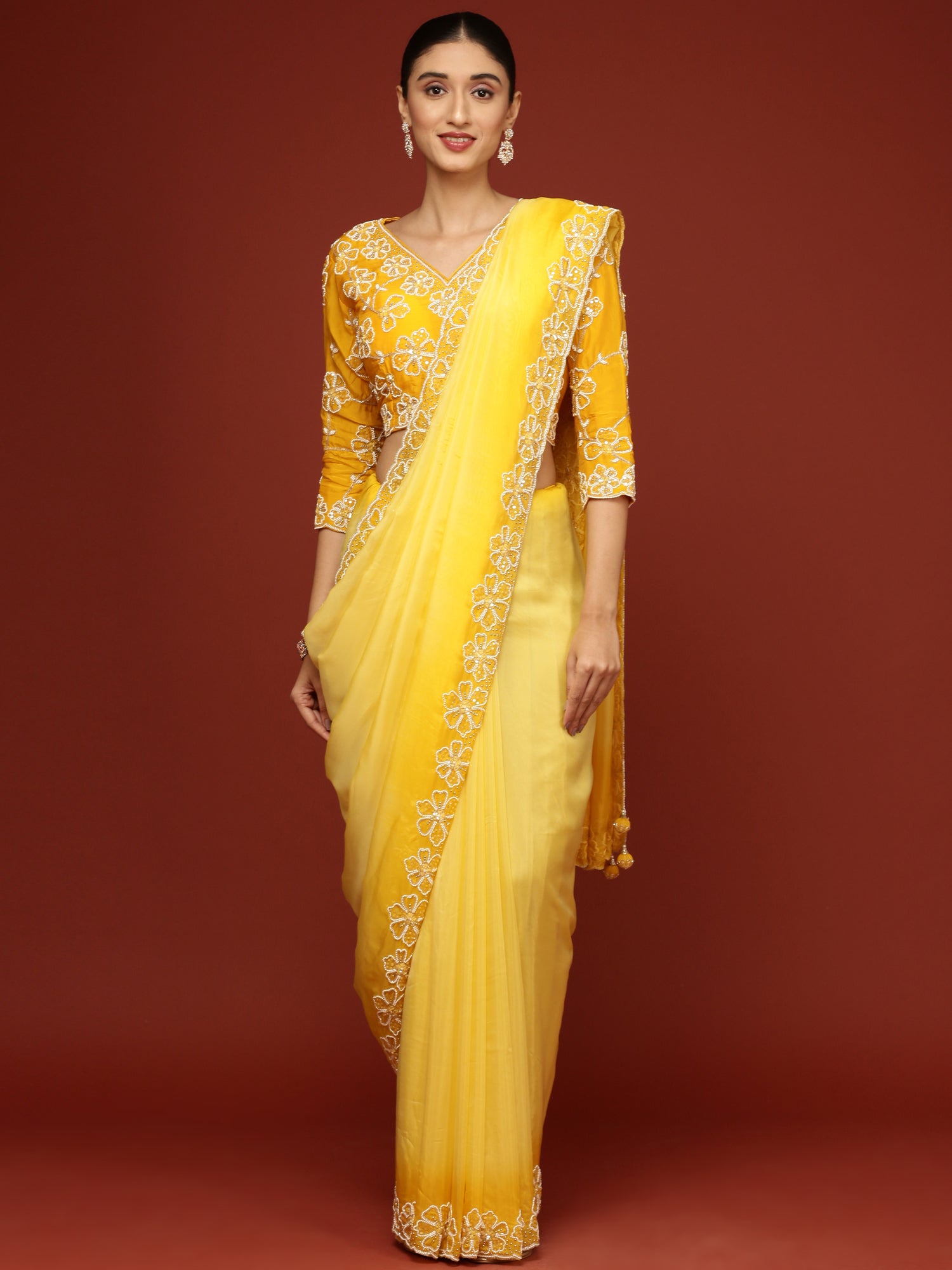 Lemon Silk Saree With Stone Work Readymade Blouse – Neerus India