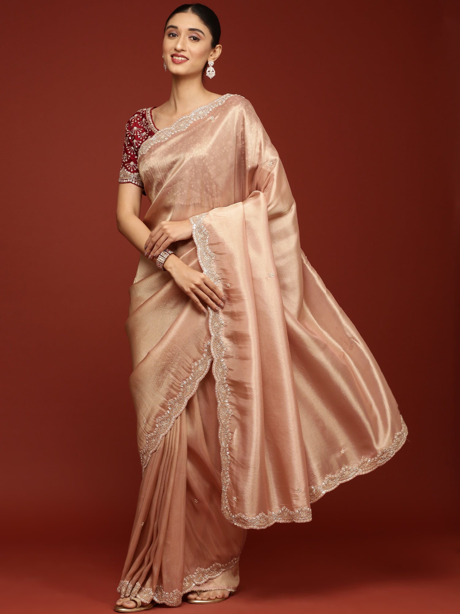Neerus Pink Solid Embellished Tissue Straight Saree - Saree + Blouse ...