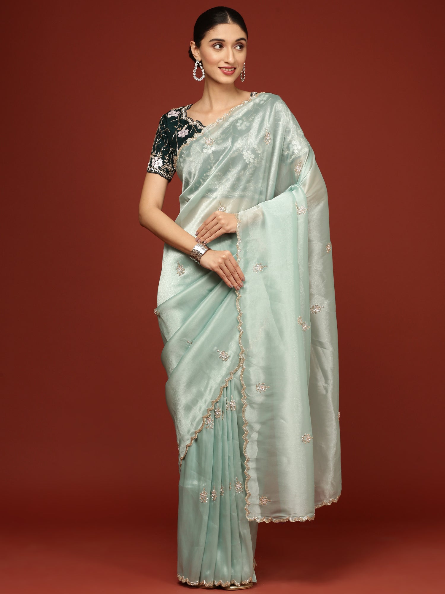 Neerus Green Ethnic Hand Embroidered Tissue Pleated Saree - Saree ...