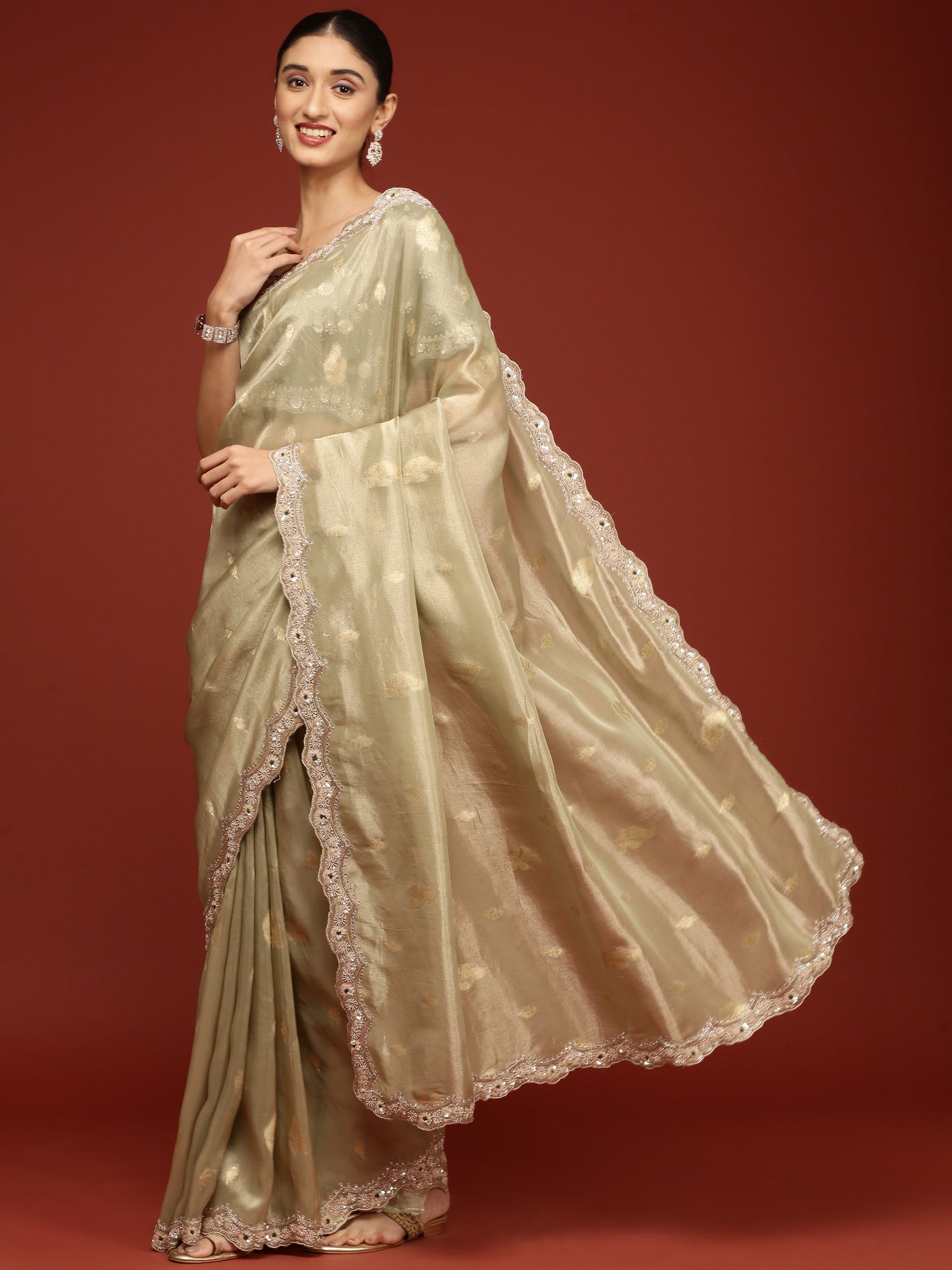 Pista Green Tissue Weaved Saree With Stone Work Readymade Blouse ...