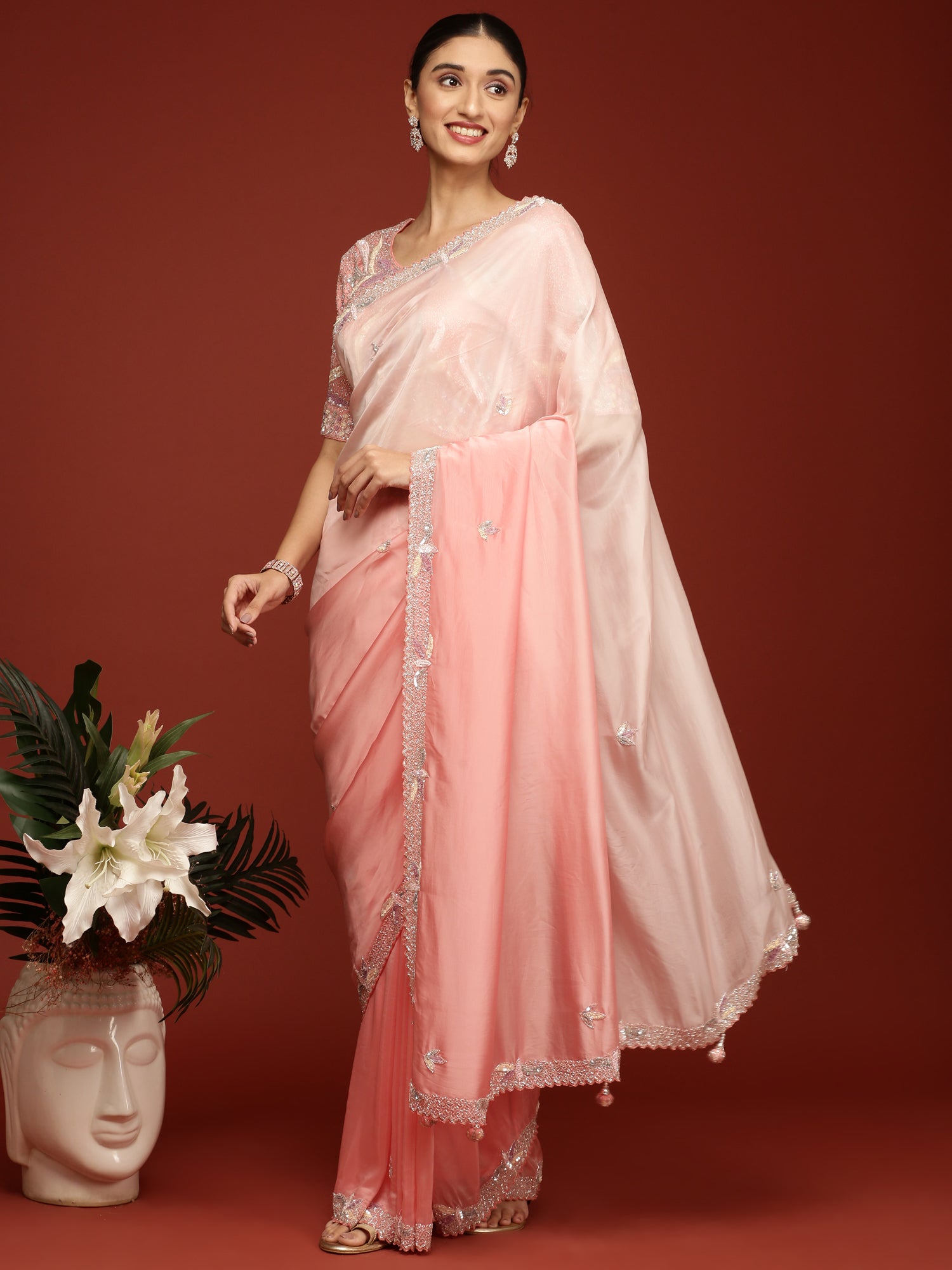 Peach Crepe Sequins Saree With Readymade Blouse – Neerus India