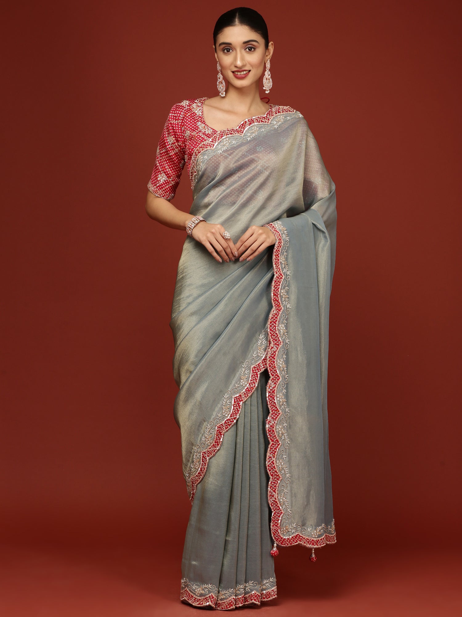Sea Blue Tissue Embroidery Saree With Readymade Blouse – Neerus India
