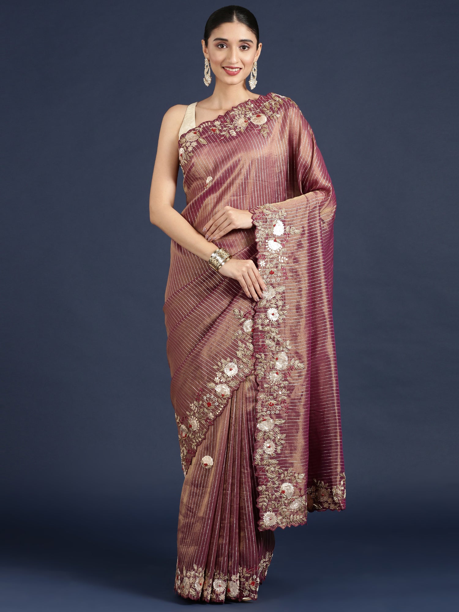 Wine Tissue Hand Embroidery Saree – Neerus India