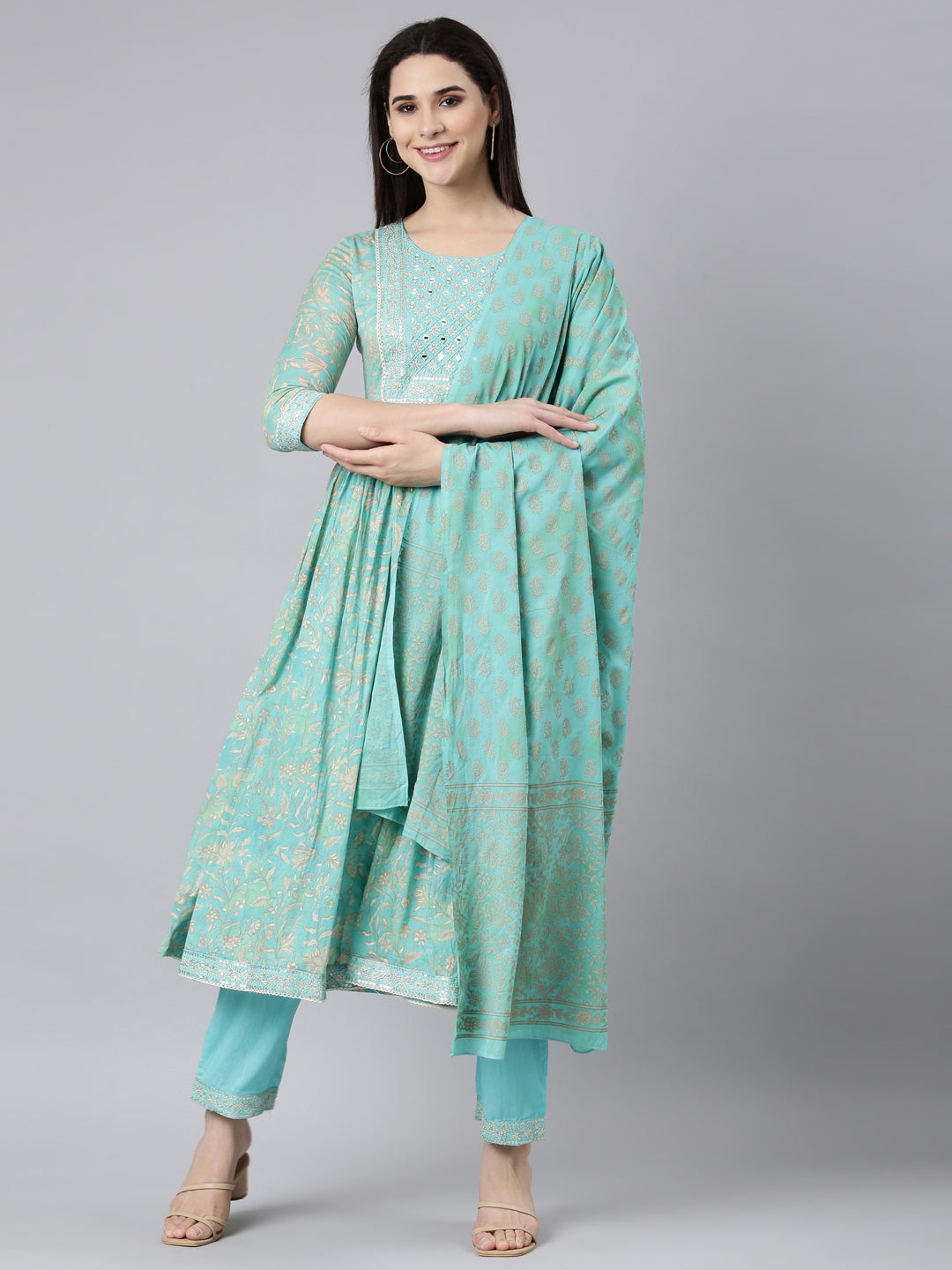 Neerus Sea Green Pleated Straight Floral Readymade suits – Neerus India