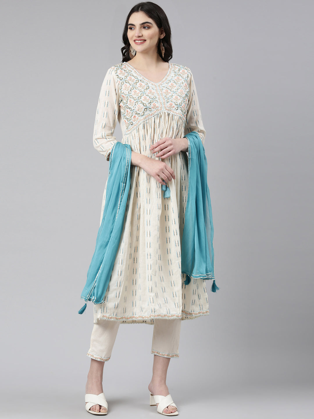 Neeru's Off White Pleated Anarkali Printed Kurta And Trousers With Dup ...