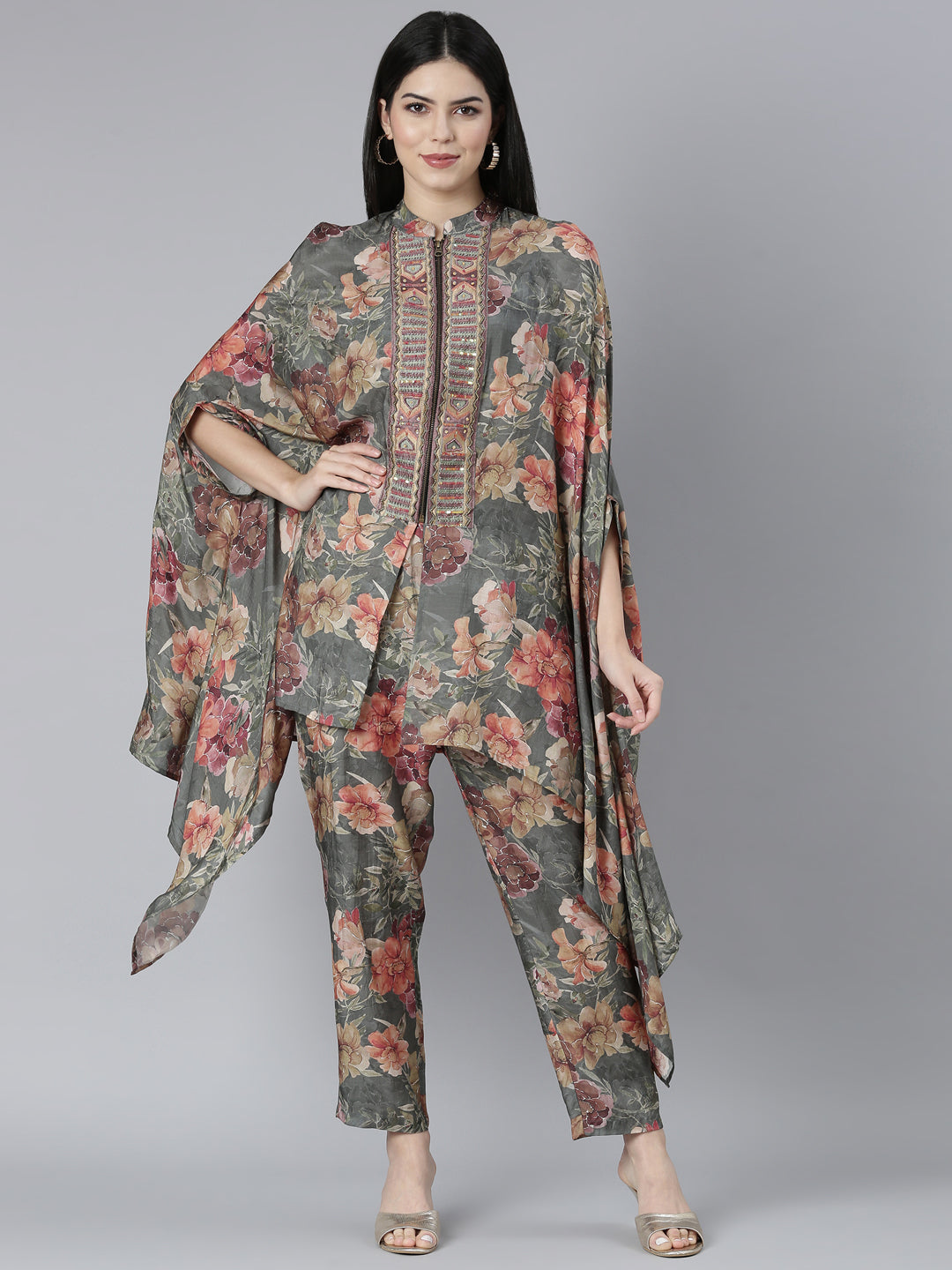 Neerus Olive Regular Straight Floral Kurti And Trousers – Neerus India