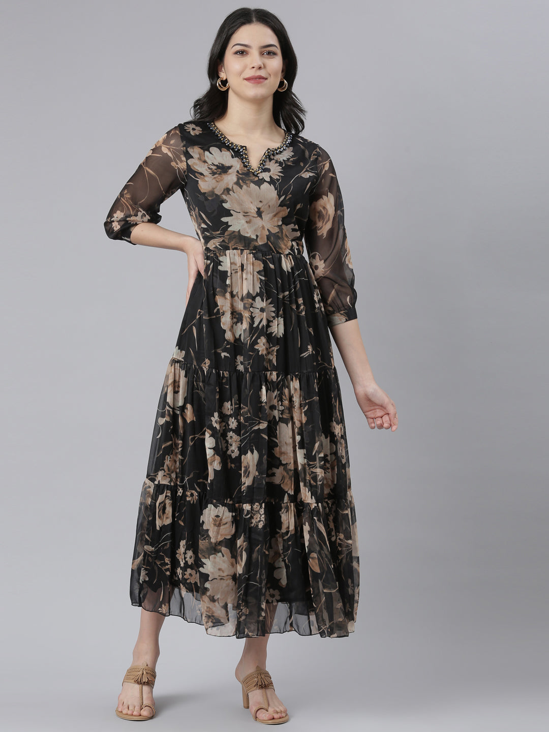 Neerus Black Flared Casual Floral Dresses – Neerus India