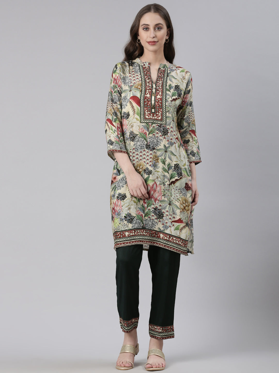 Neerus Green Ethnic Printed Cotton Straight Suit Set - Kurta + Trouser ...