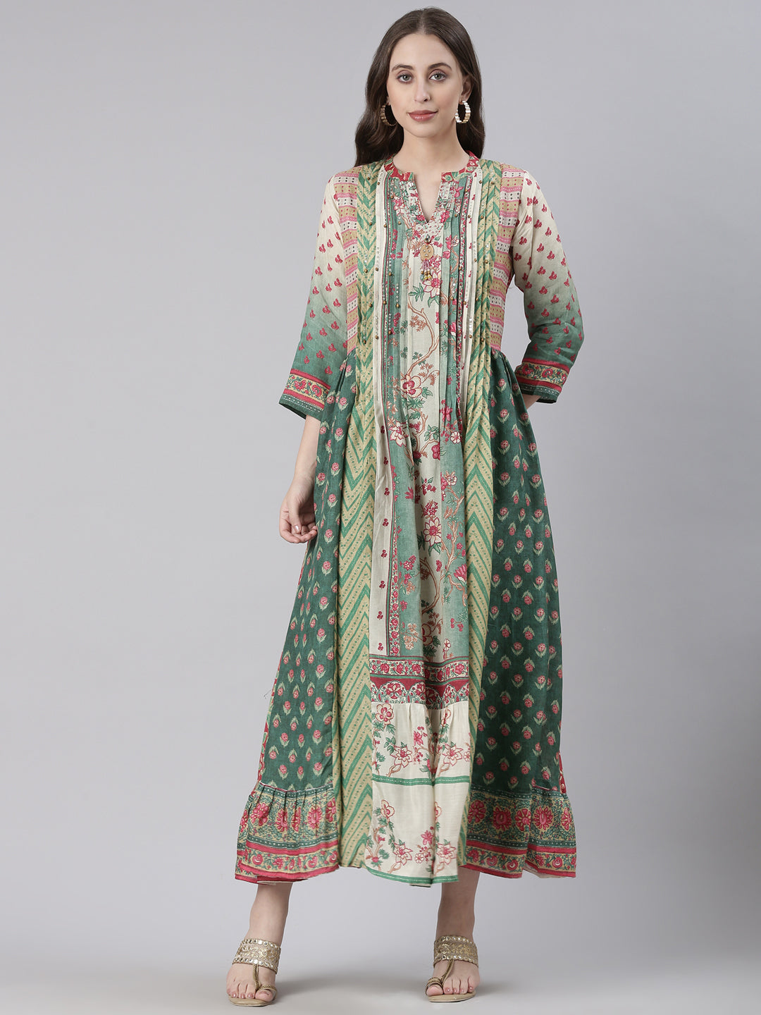 Neerus Green Casual Floral Maxi Dresses – Neerus India
