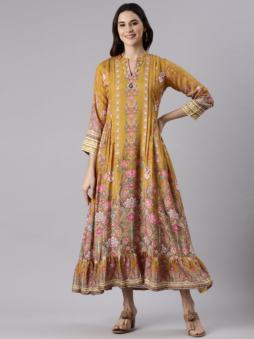 Mustard Muslin Long Anarkali Gown – Neerus India