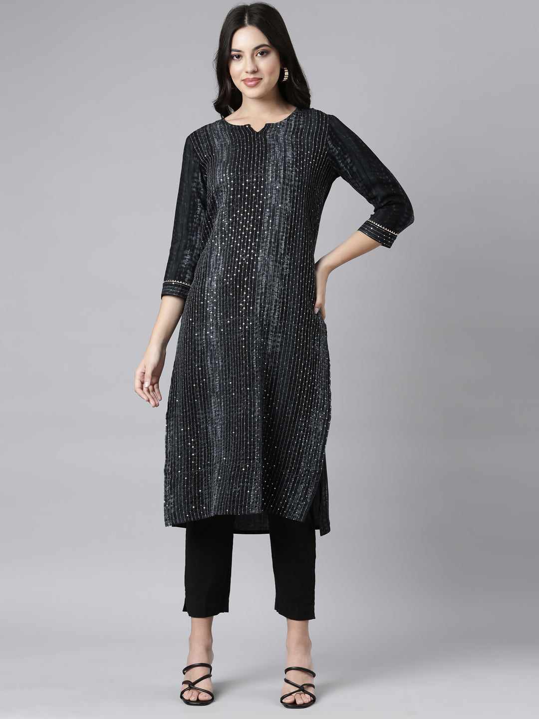 Neerus Grey Regular Straight Embellished Kurtas – Neerus India