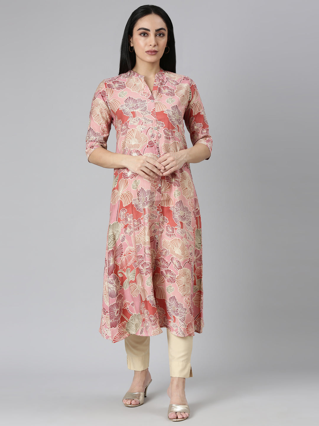 Neerus Baby Pink Straight Casual Floral Straight Kurtas – Neerus India