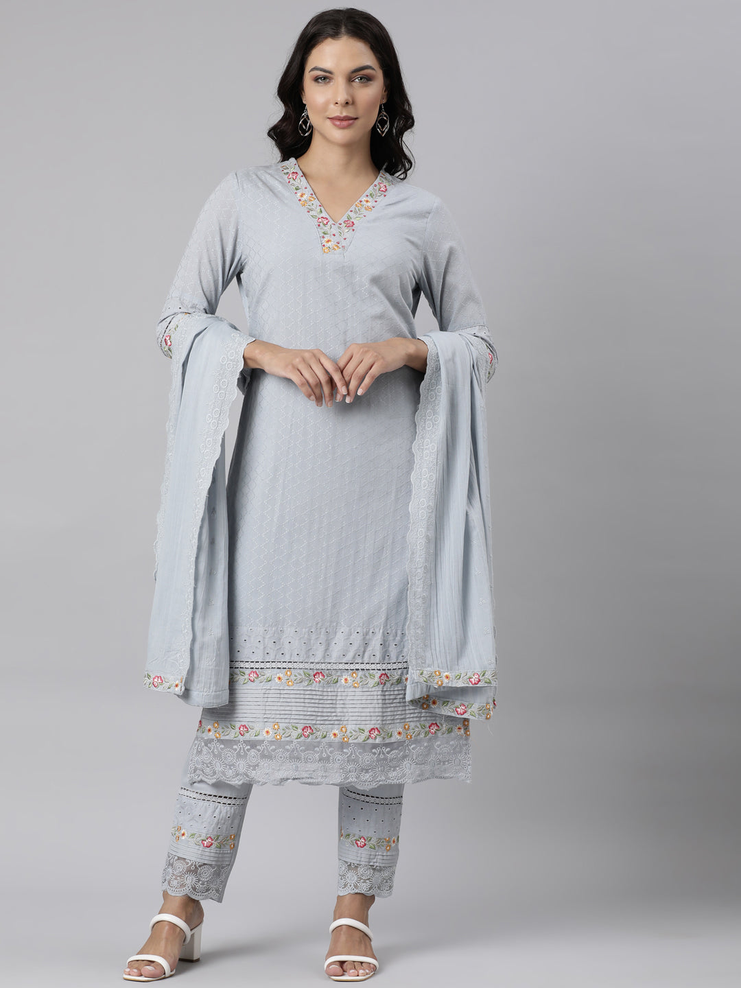 Neerus Grey Panelled Scalloped Yoke Design Kurta And Trousers With Dup ...