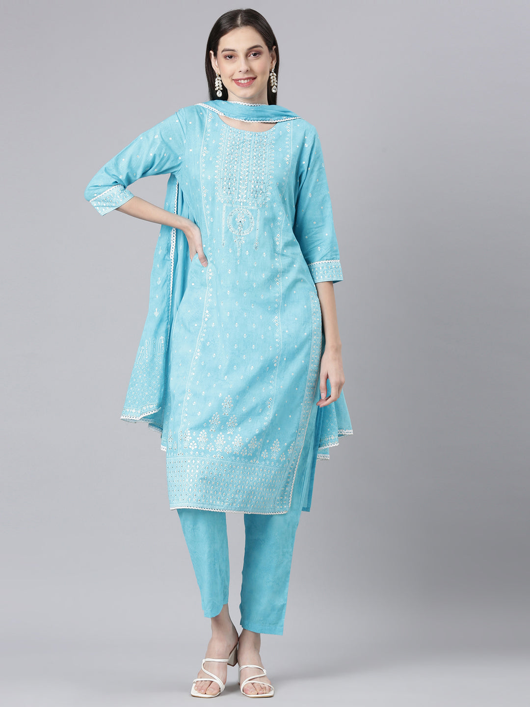 Neerus Blue Printed Straight Kurta and Trousers With Dupatta – Neerus India
