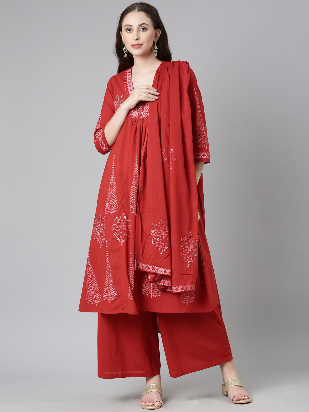 Neerus Red Printed A-Line Kurta and Trousers With Dupatta – Neerus India
