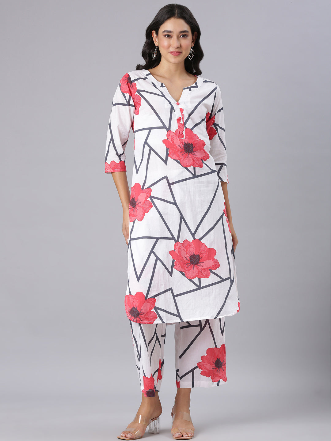 Neerus White Printed Straight Kurta And Trousers – Neerus India