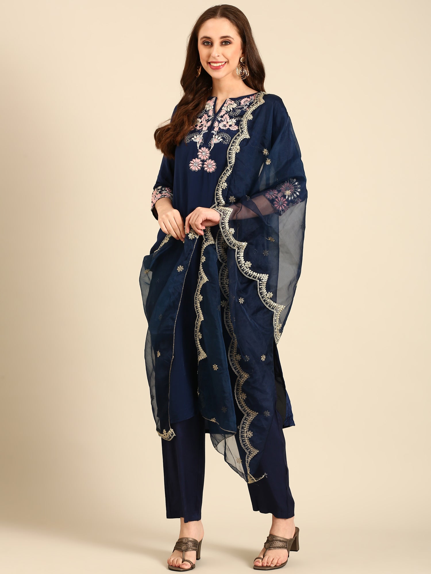 Midnight Blue thread work three piece crepe suit set with organza dupa ...