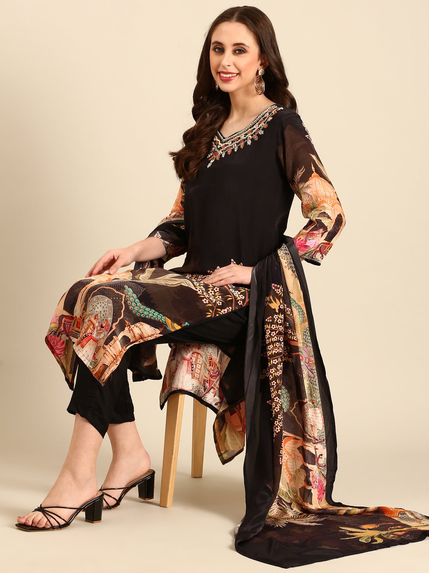 Brown crepe digital printed three piece suit set – Neerus India