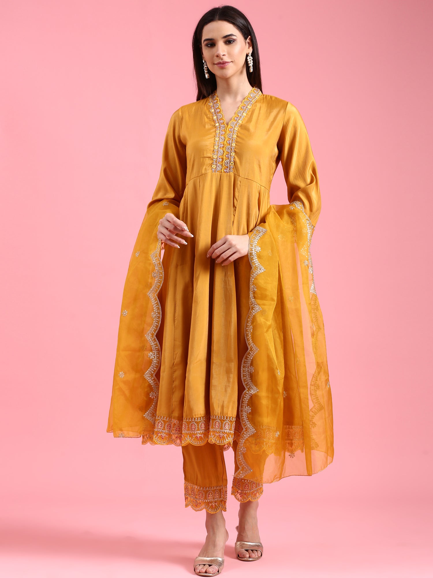 Mustard Vichithraa Silk Anarkali Three Piece Suit Set – Neerus India