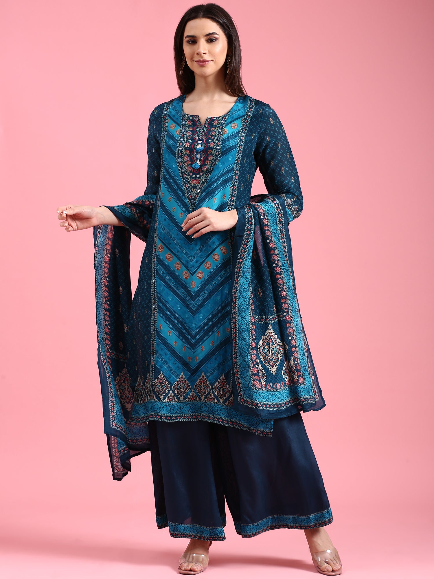 Peacock Blue Crepe Printed Three Piece Suit Set – Neerus India