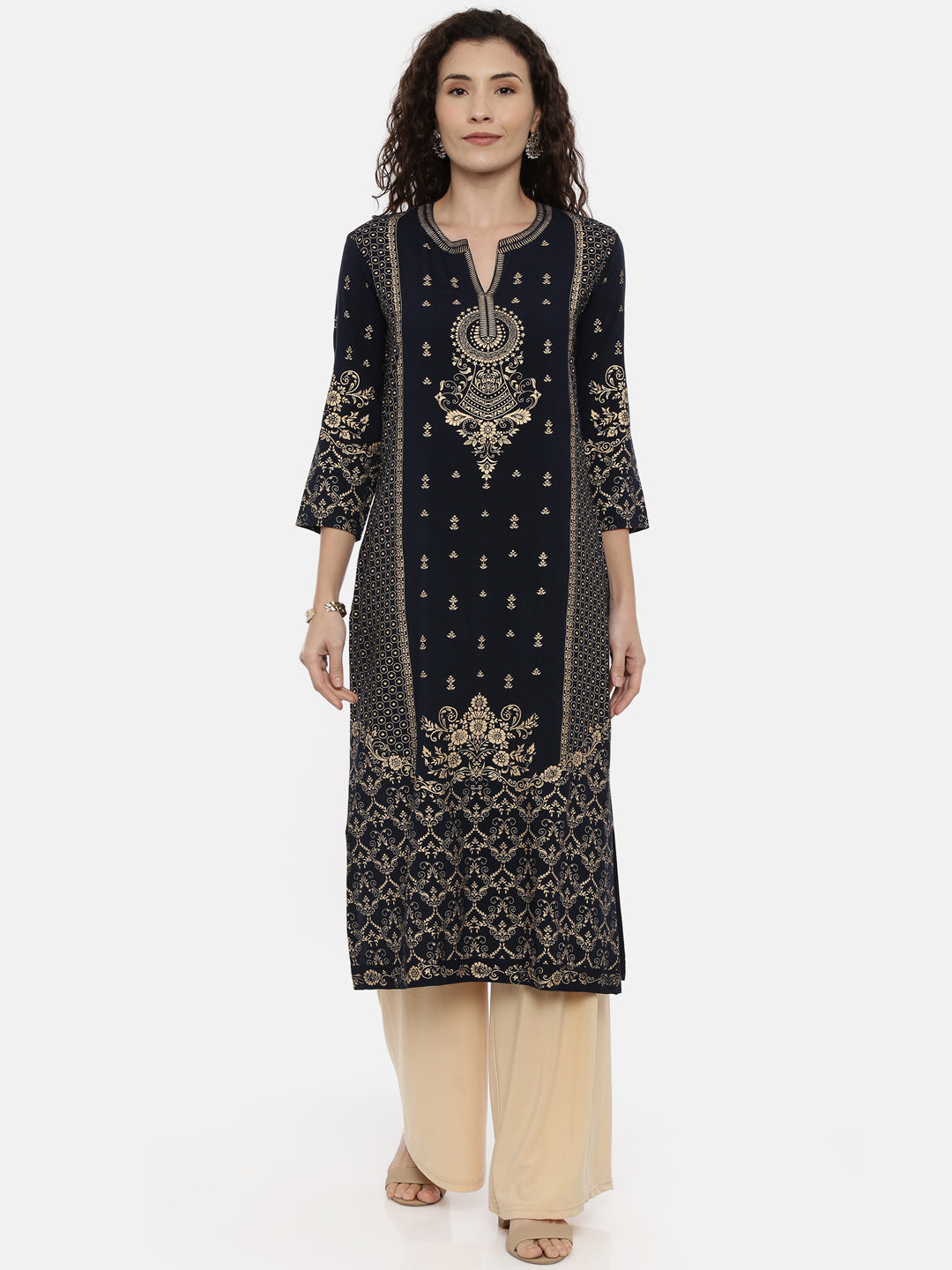 Neerus Women Navy Blue Ethnic Motifs Printed Kurta – Neerus India