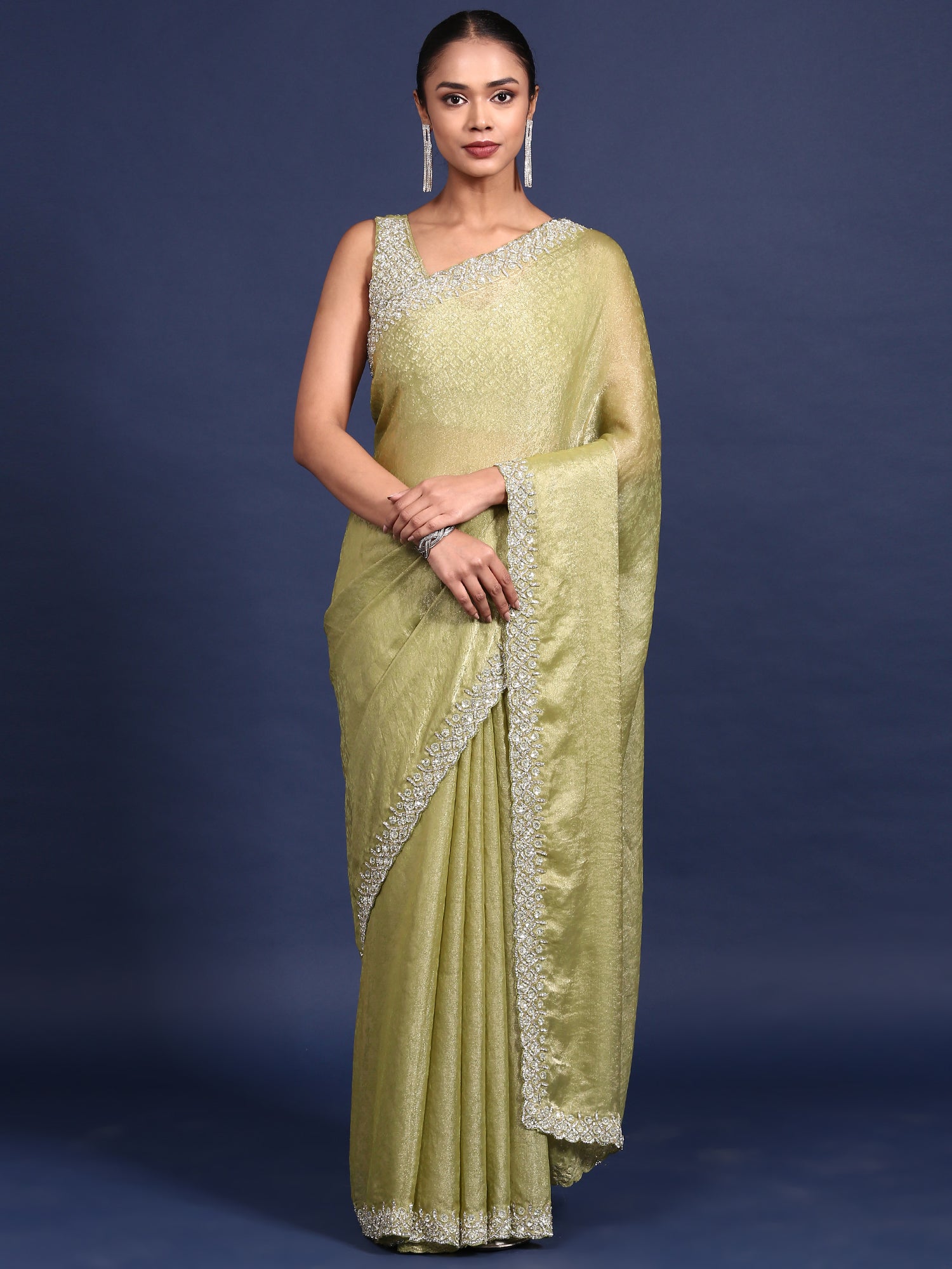 Pista Green Jacquard Embroidery Saree With Readymade Blouse – Neerus India