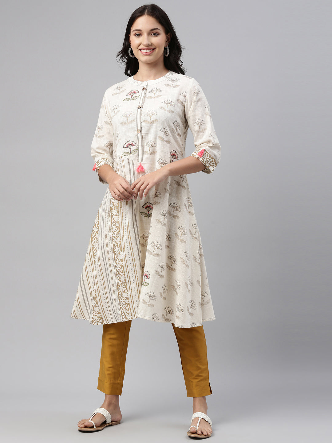 Neerus Women Cream-Coloured Beige Ethnic Motifs Kurta – Neerus India