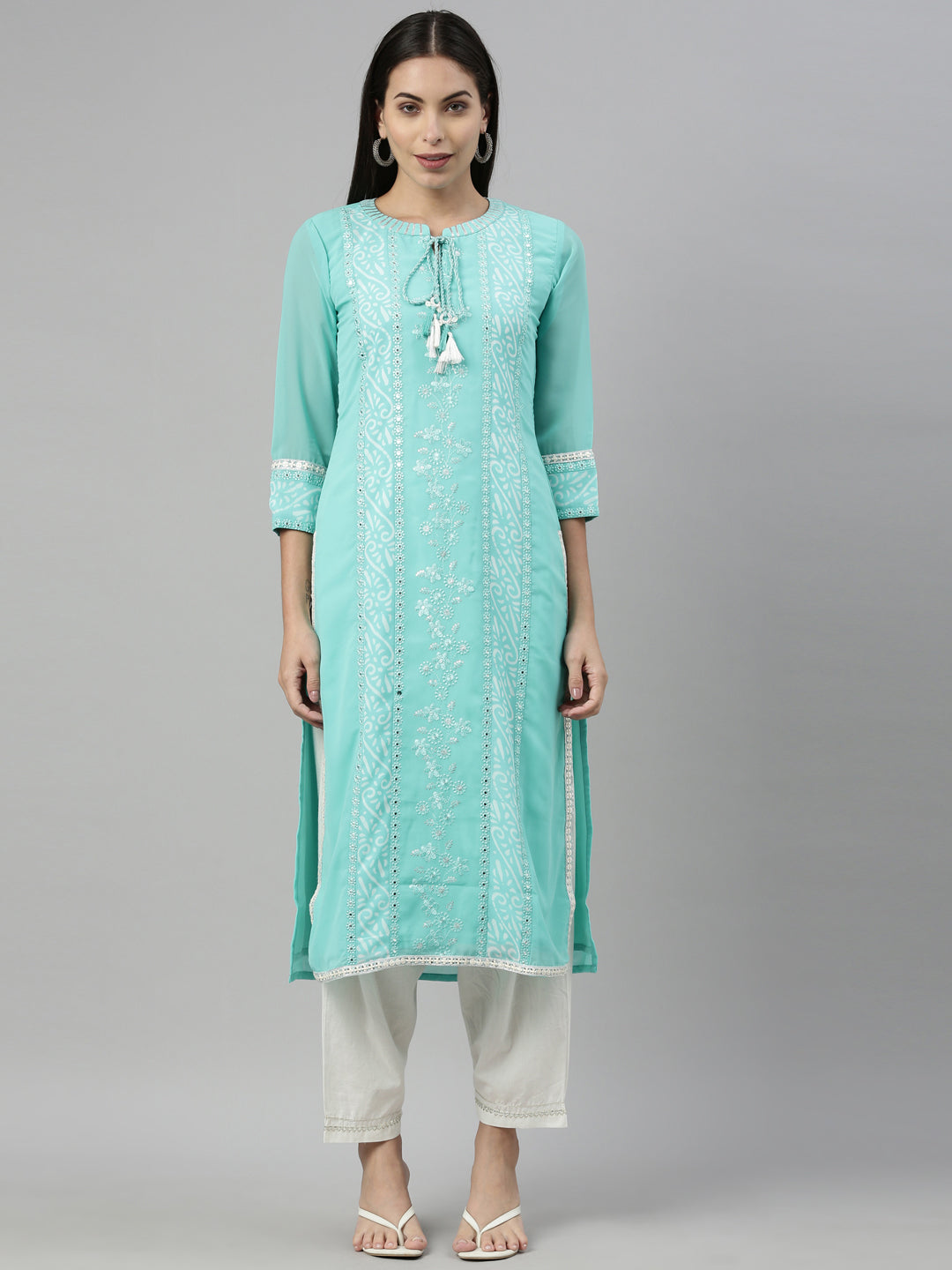 Neerus Women Sea Green Embroidered Georgette Kurta – neerus-india