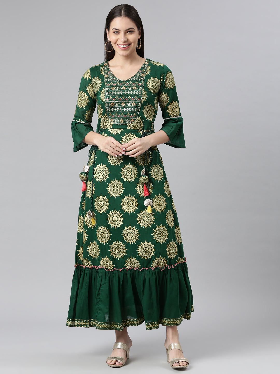 Neeru's Green Color Printed Floral Dress – Neerus India