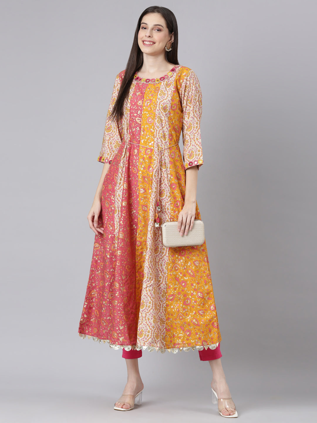 Neerus Pink Straight Casual Floral Dresses – Neerus India