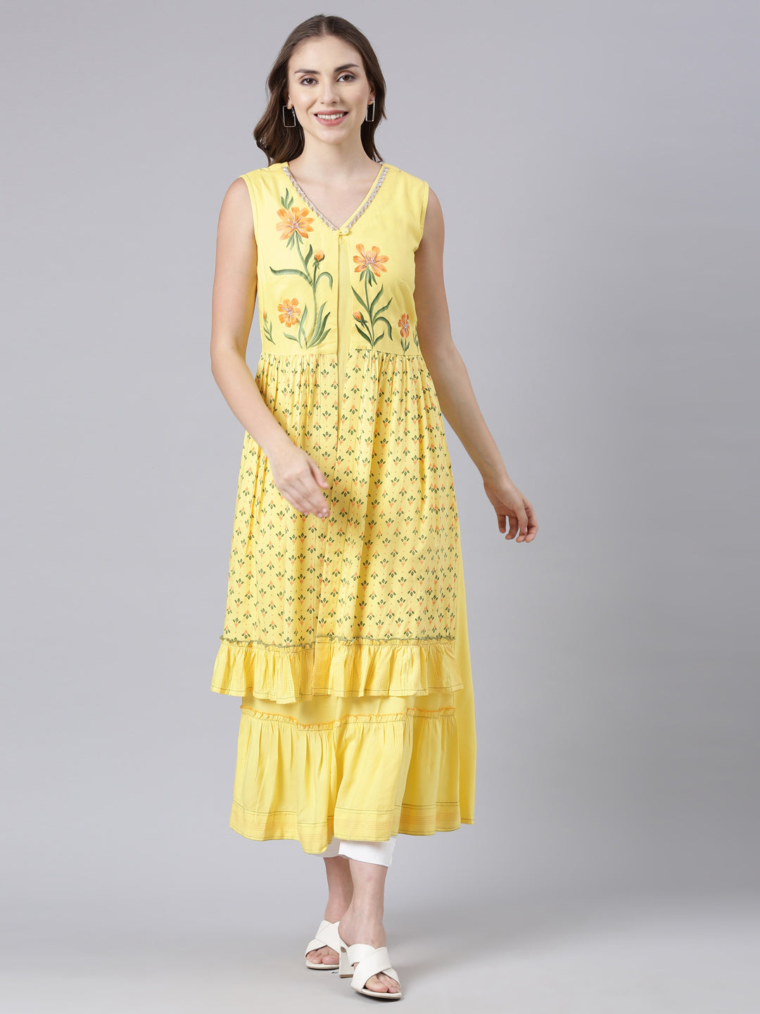 Neerus Yellow Flared Casual Solid Maxi Dresses – Neerus India