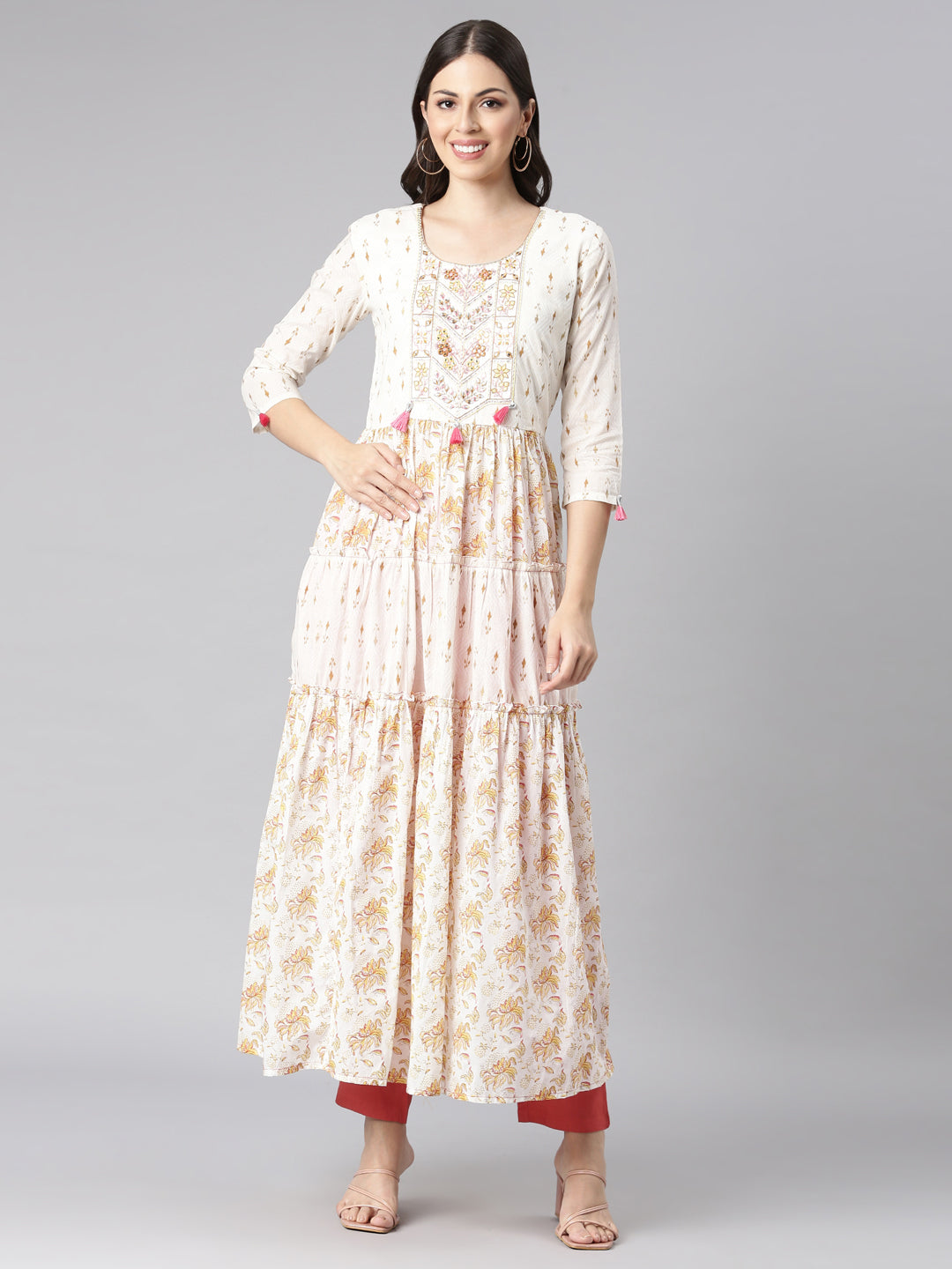 Neerus Off White Curved Casual Floral Dresses – Neerus India