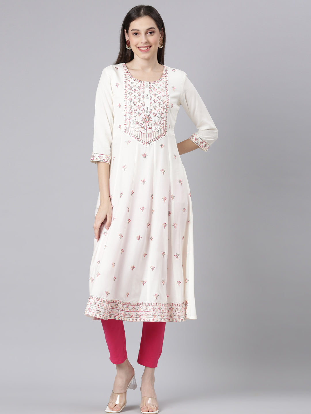 Neerus Cream Casual Solid Anarkali Kurtas – neerus-india