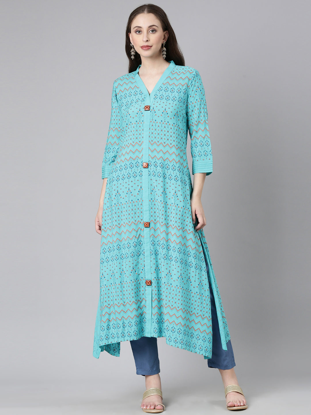 Neerus Teal Casual Chevron A-Line Kurtas – Neerus India