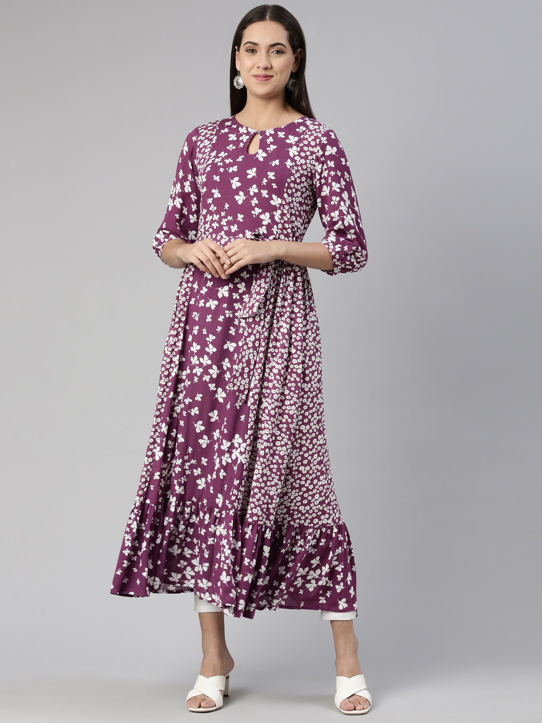 Neerus Purple Floral Keyhole Neck Chiffon Ethnic A-Line Midi Dress ...