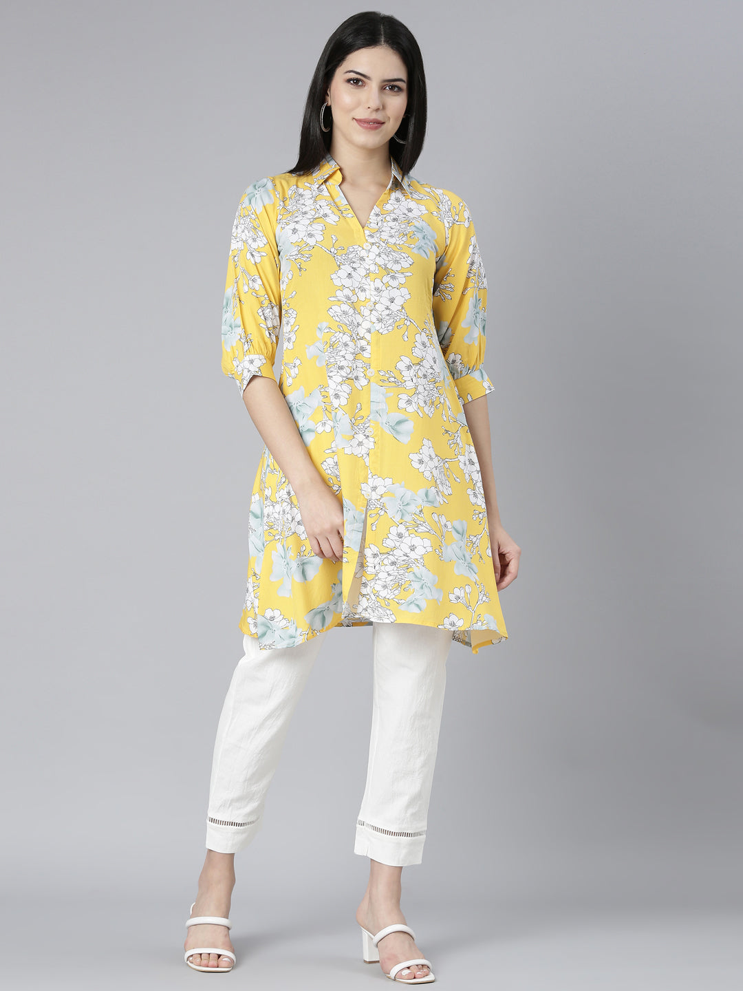 Neerus Yellow Regular Straight Floral Kurti And Trousers – Neerus India