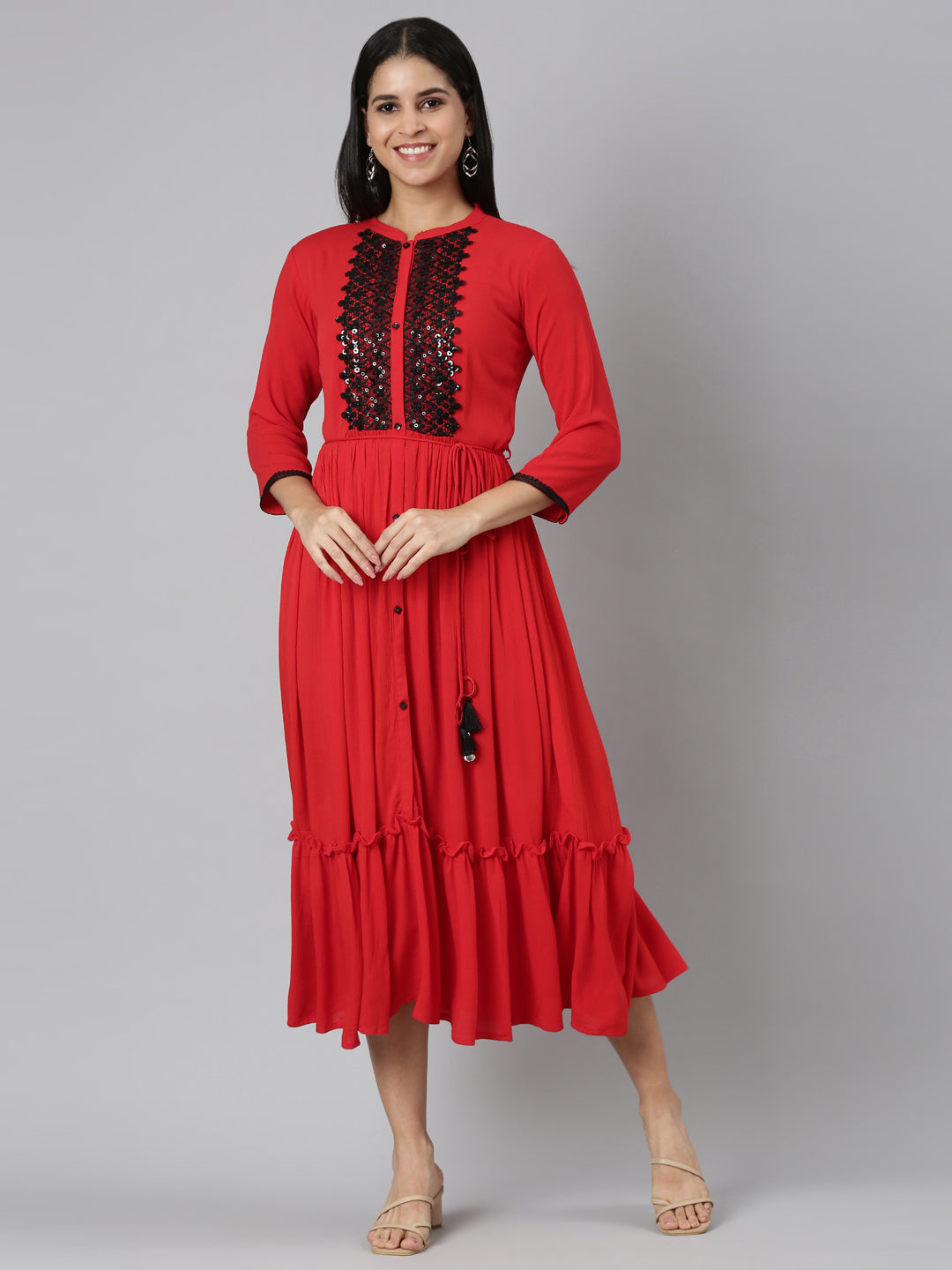 Neerus Red Flared Casual Solid Maxi Dresses – Neerus India