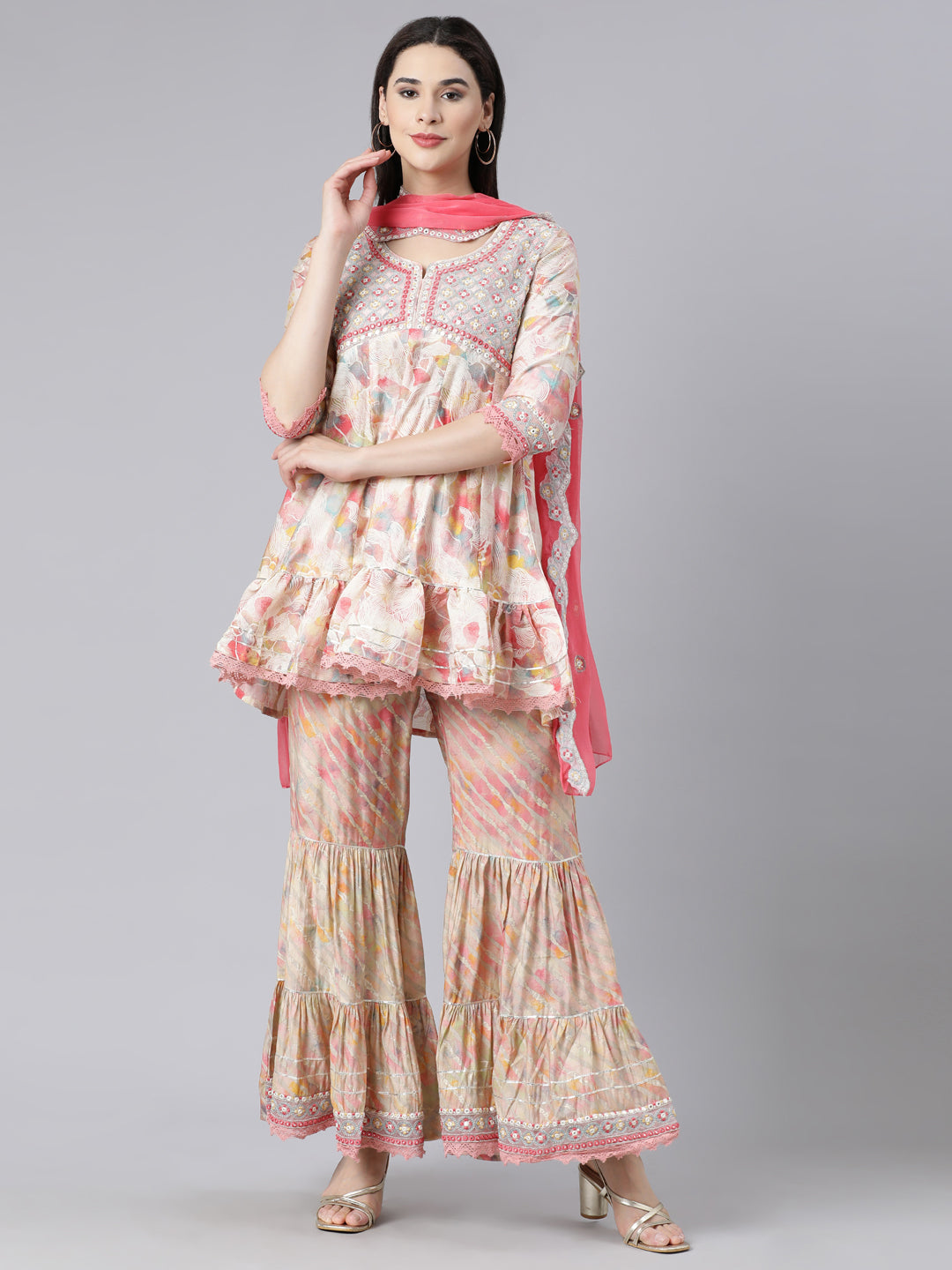Neerus Beige Panelled Straight Printed Kurti And Sharara With Dupatta ...